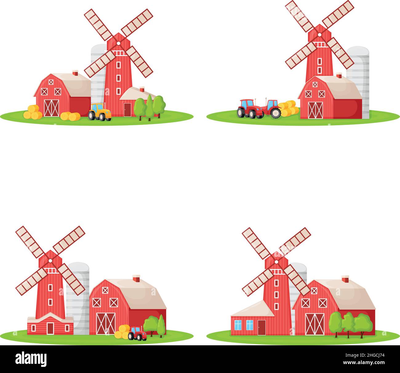 Country house with red mill, farm barn and granary building on green ...