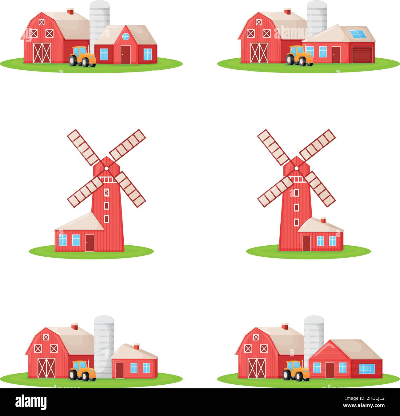 Set of country house with red mill, farm barn and granary building on ...