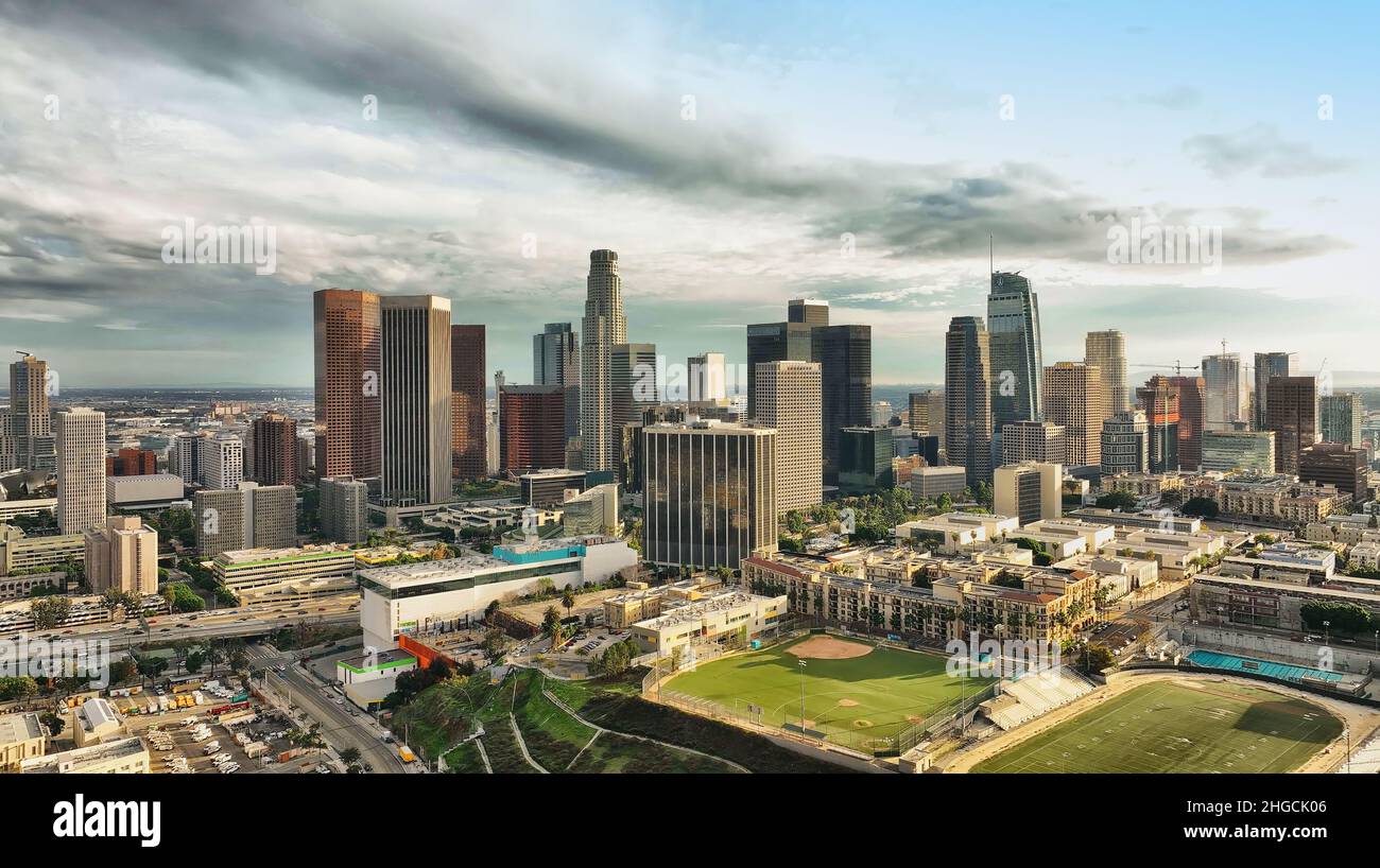 Los Angeles downtown skyline. California theme with LA background ...
