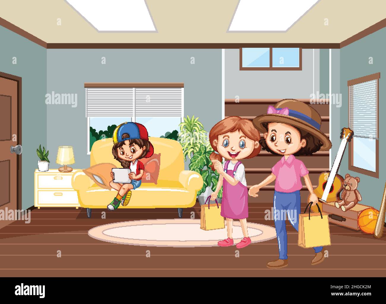 Happy children in the living room scene illustration Stock Vector Image ...