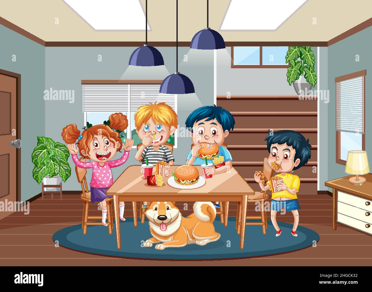 Children having meal together in room scene illustration Stock Vector ...