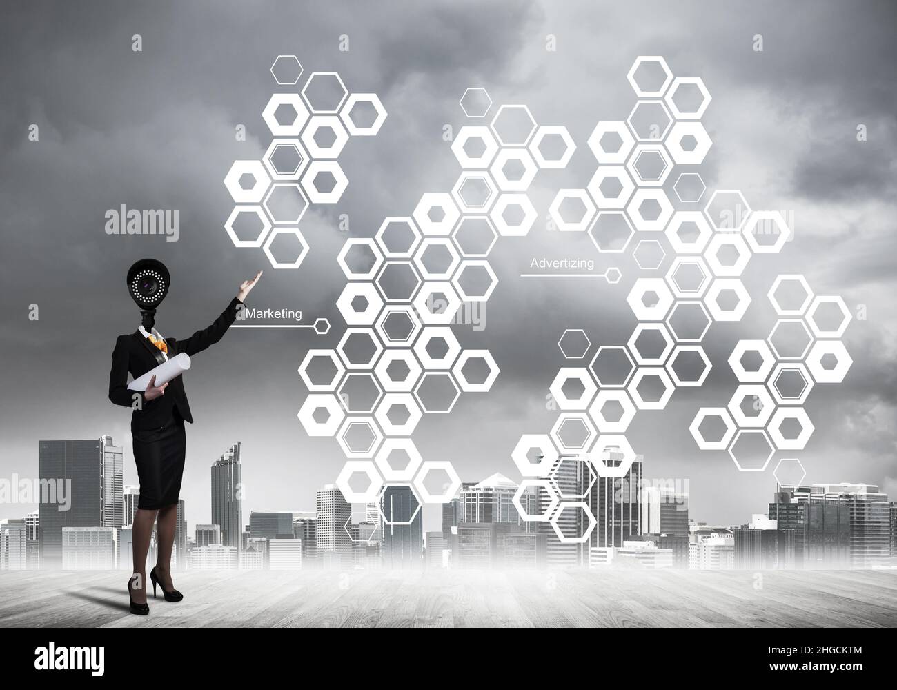 Concept of security and privacy protection with camera headed woman ...