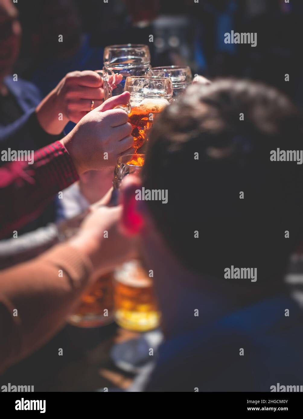 Beer festival view, gold coloured beer glasses assortment in a pub ...