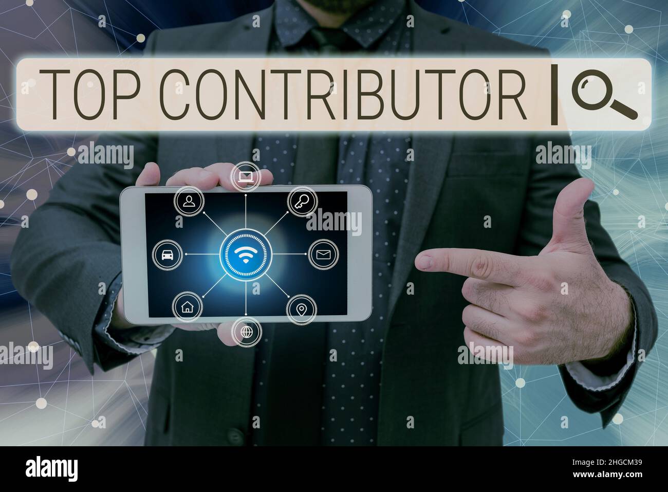 Sign displaying Top Contributor. Business overview person who is ...