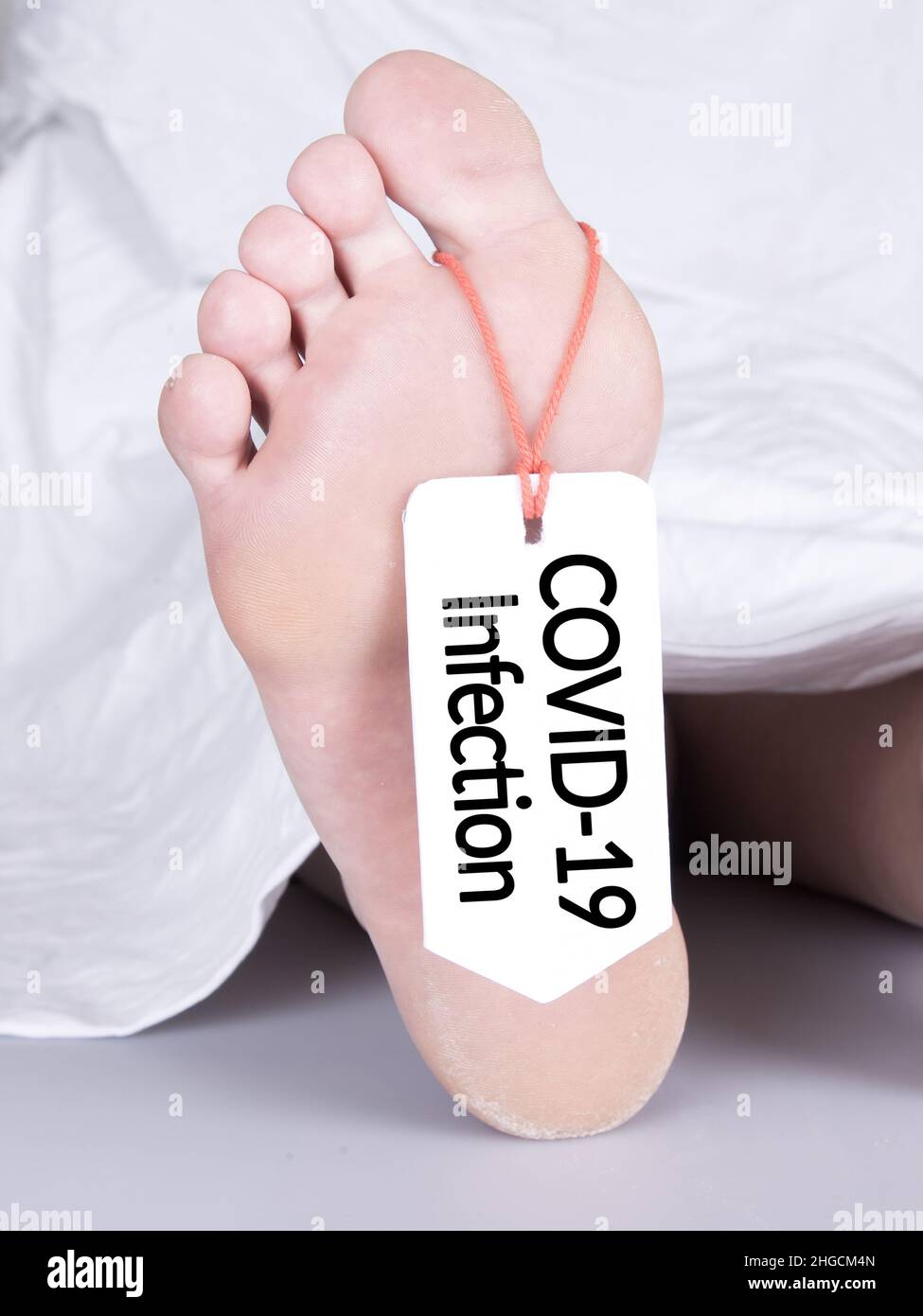 Body with toe tag on white, under a white sheet - Covid-19 infection ...