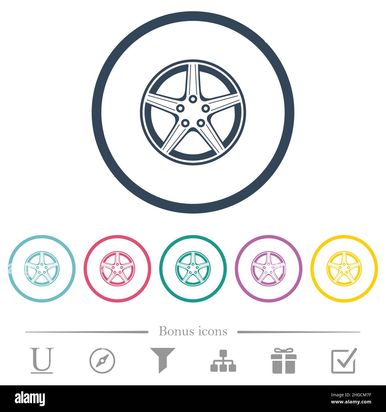 Car wheel flat color icons in round outlines. 6 bonus icons included ...