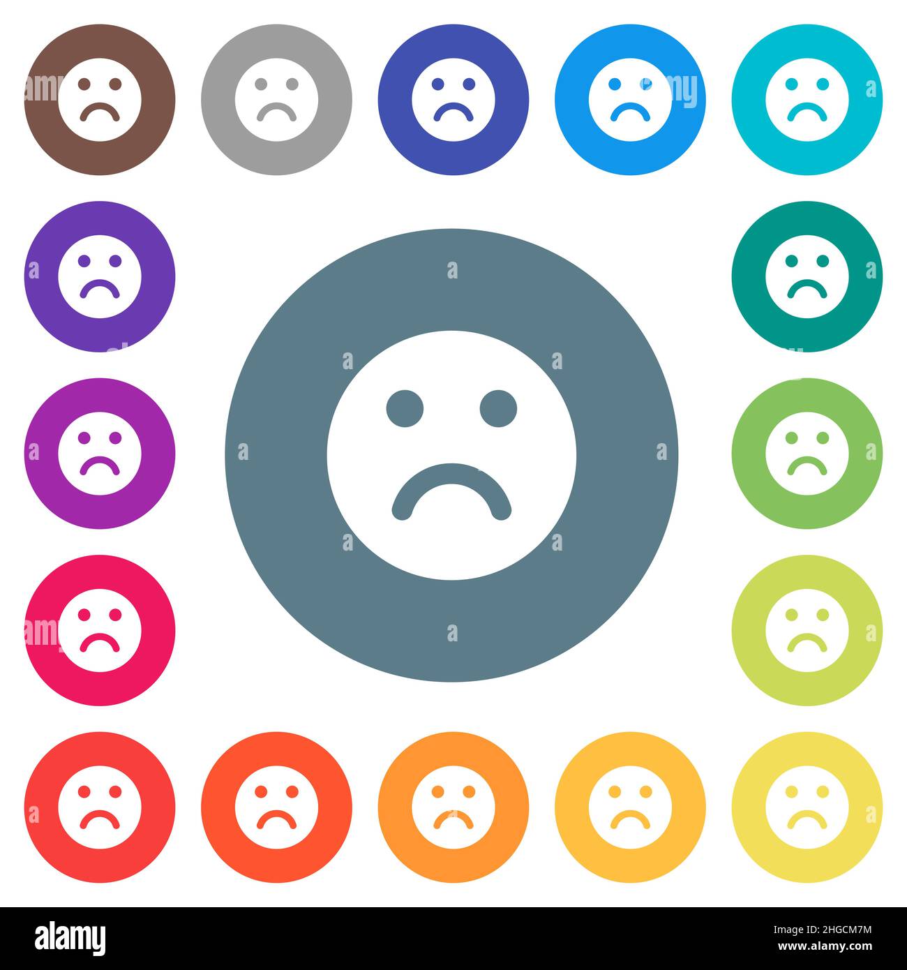 Sad emoticon solid flat white icons on round color backgrounds. 17 ...