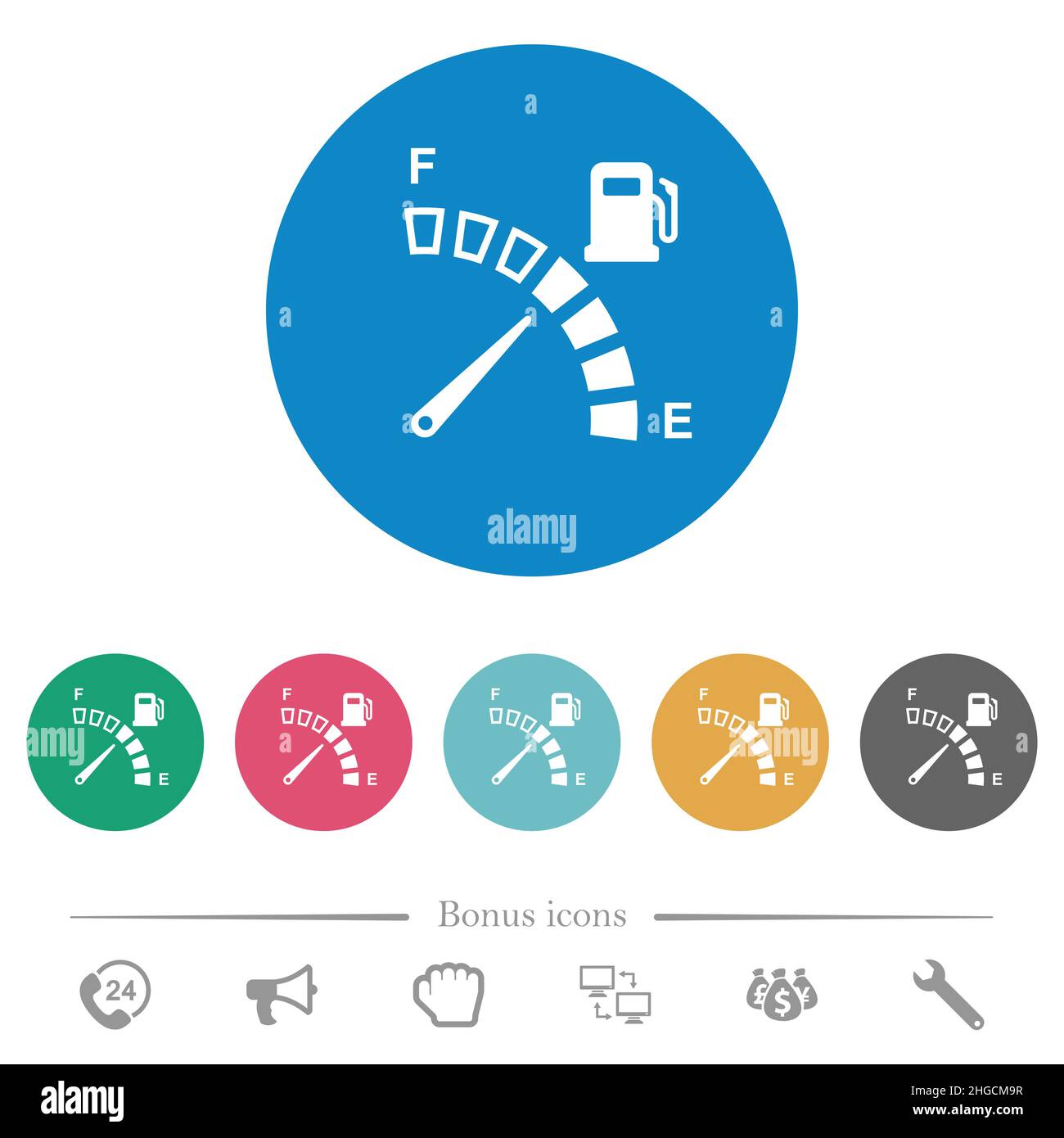 Fuel gauge flat white icons on round color backgrounds. 6 bonus icons ...