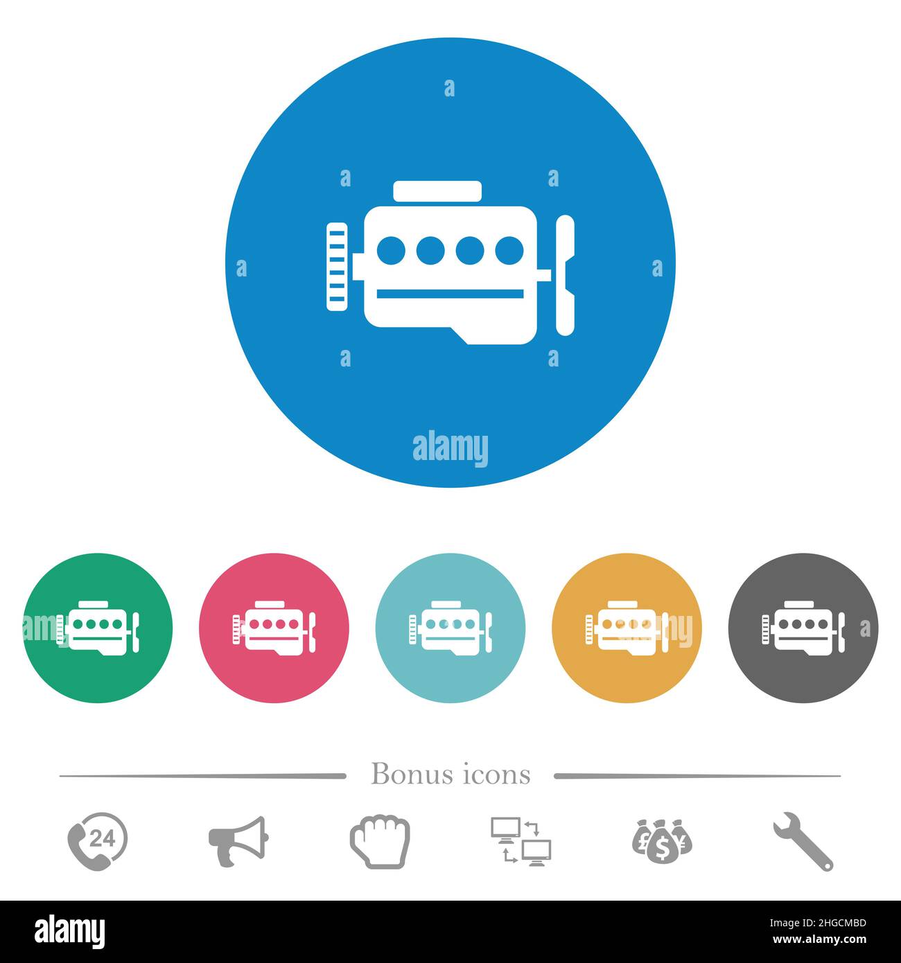 Check engine symbol flat white icons on round color backgrounds. 6 ...