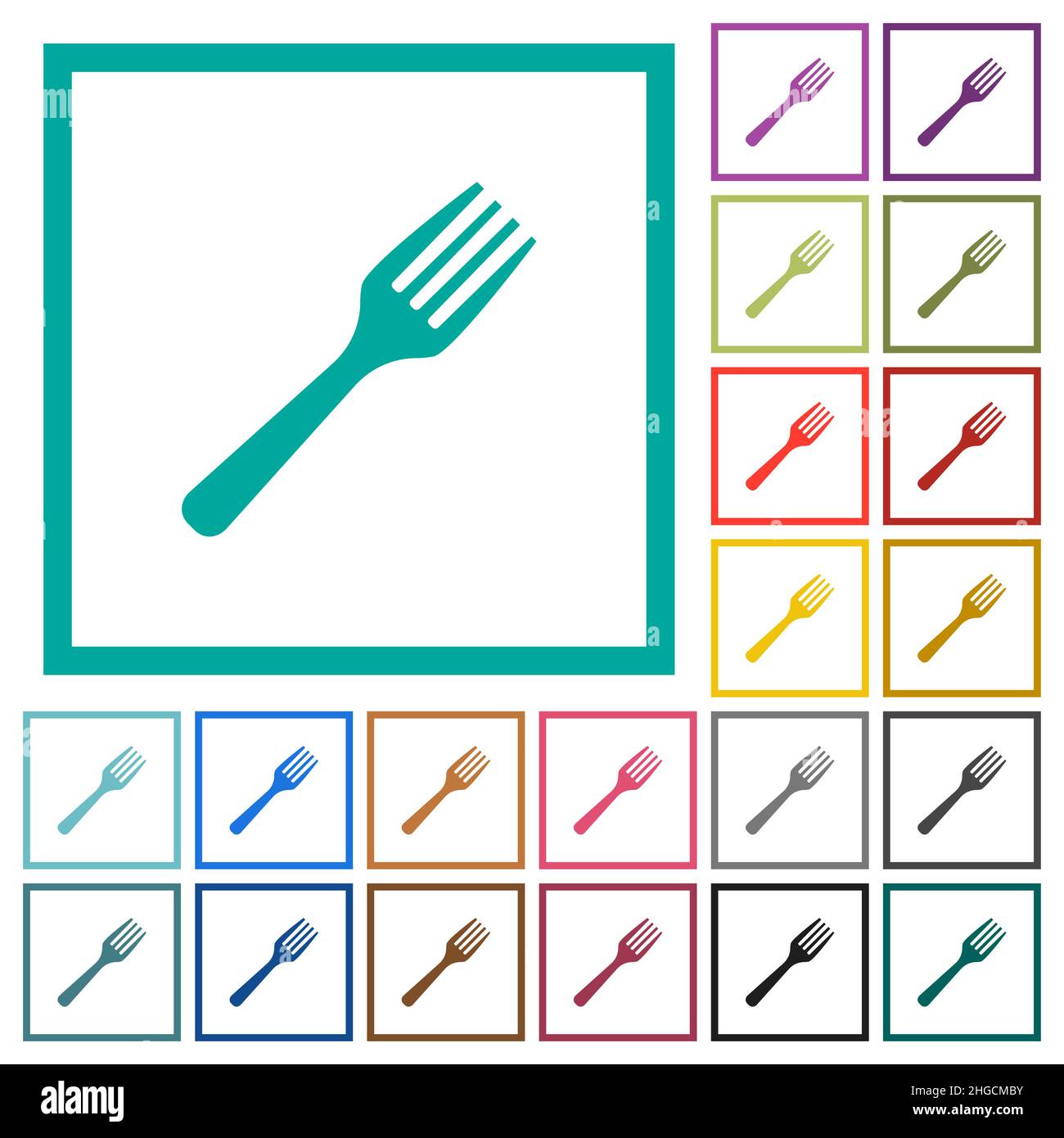 Single fork solid flat color icons with quadrant frames on white ...