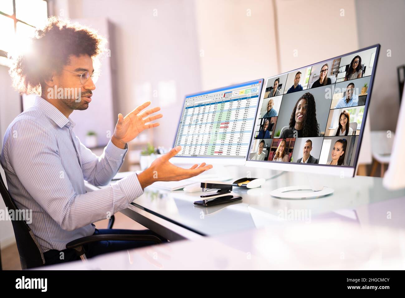 African Man Video Conference Business Call On Computer Screen Stock ...
