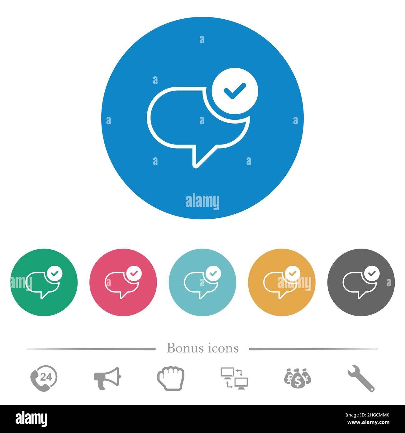 Message sent flat white icons on round color backgrounds. 6 bonus icons ...