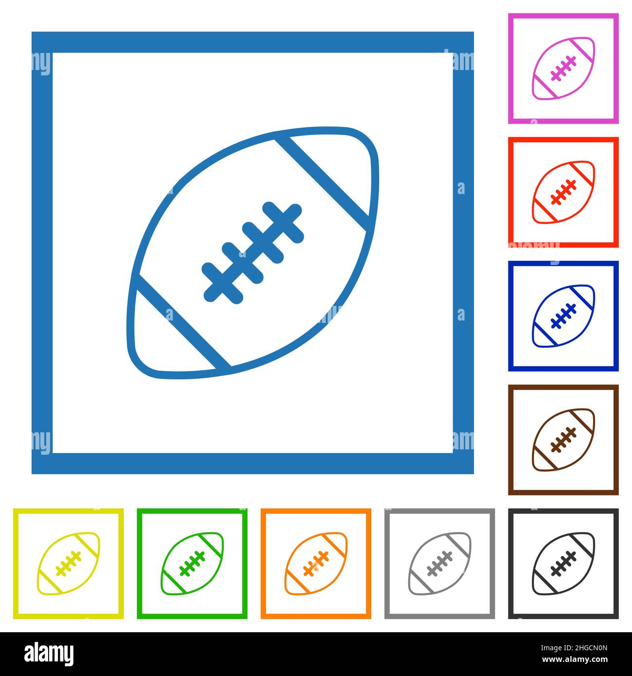 Rugby ball outline flat color icons in square frames on white ...