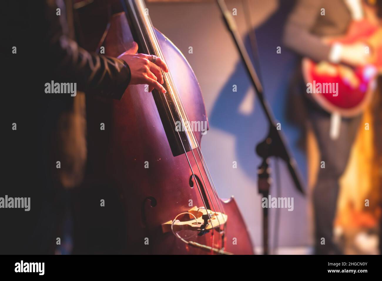 Concert view of a contrabass violoncello player with vocalist and ...
