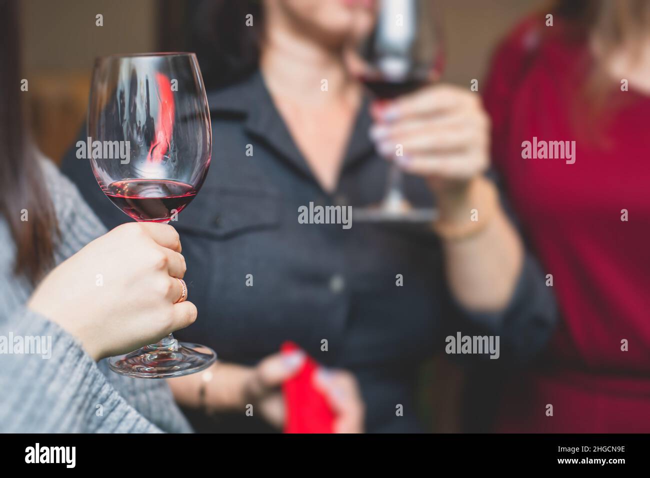 Process of wine party testing at vineard, friends having fun drinking ...