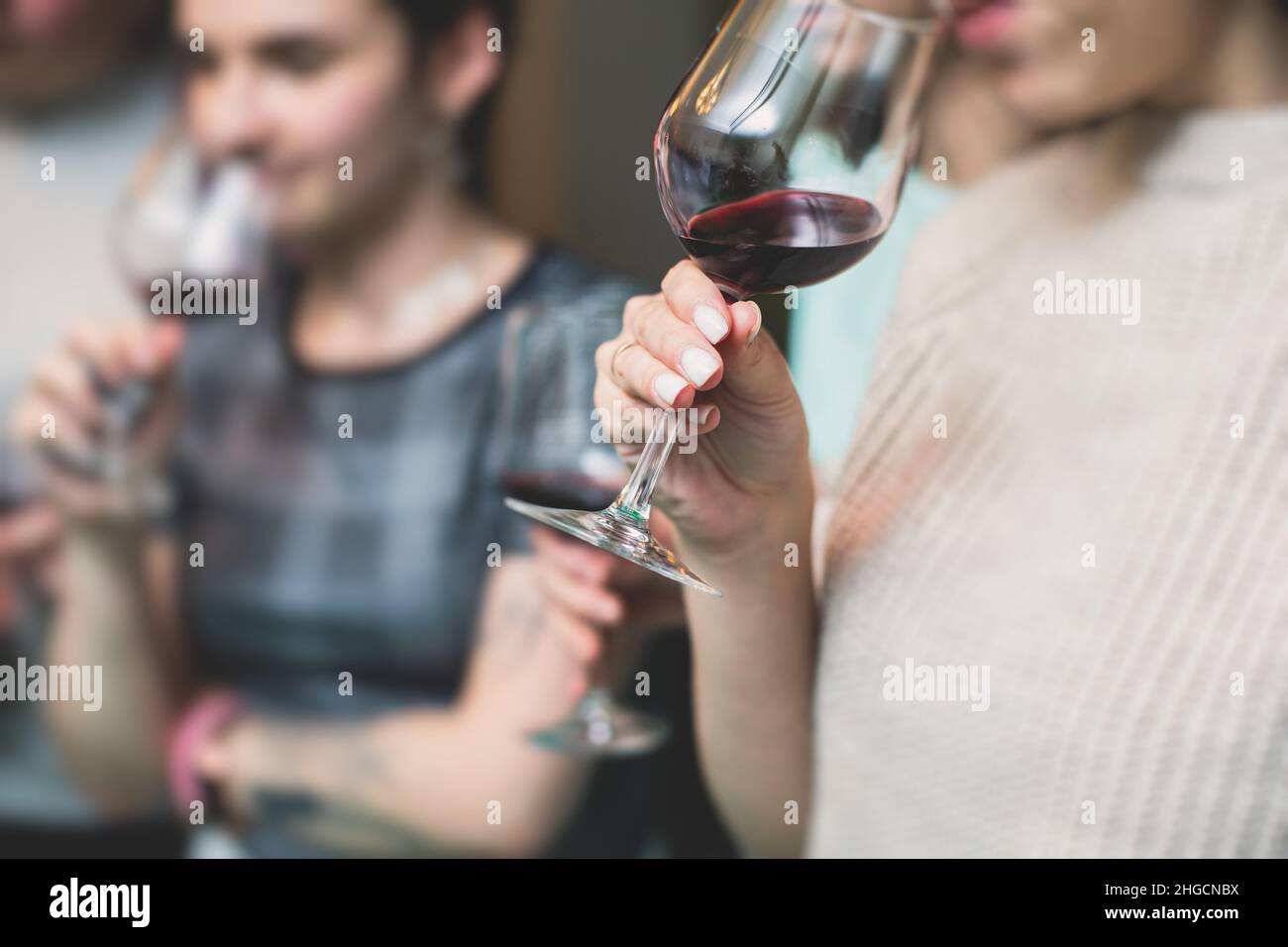 Process of wine party testing at vineard, friends having fun drinking ...