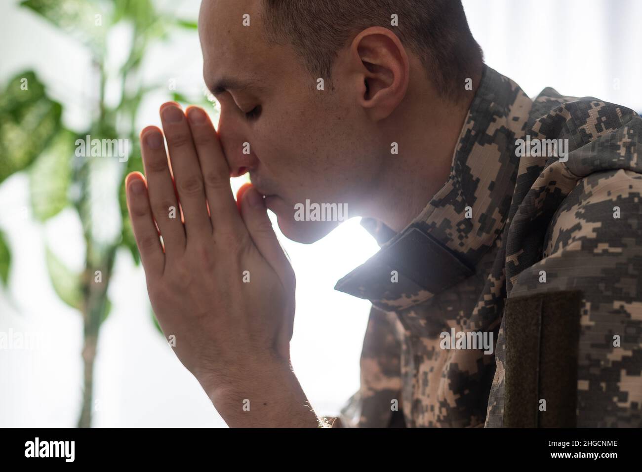 Portrait of middle aged sad, desperate military man. Disabled soldier ...