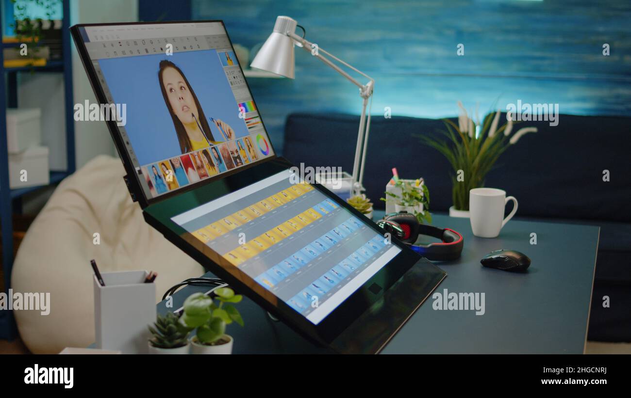 Nobody in photography editing studio with computer at home. Empty ...