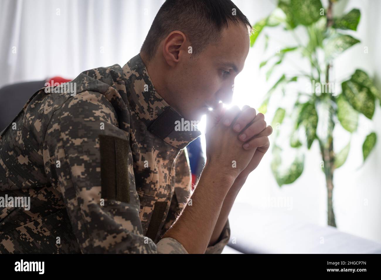 Portrait of middle aged sad, desperate military man. Disabled soldier ...