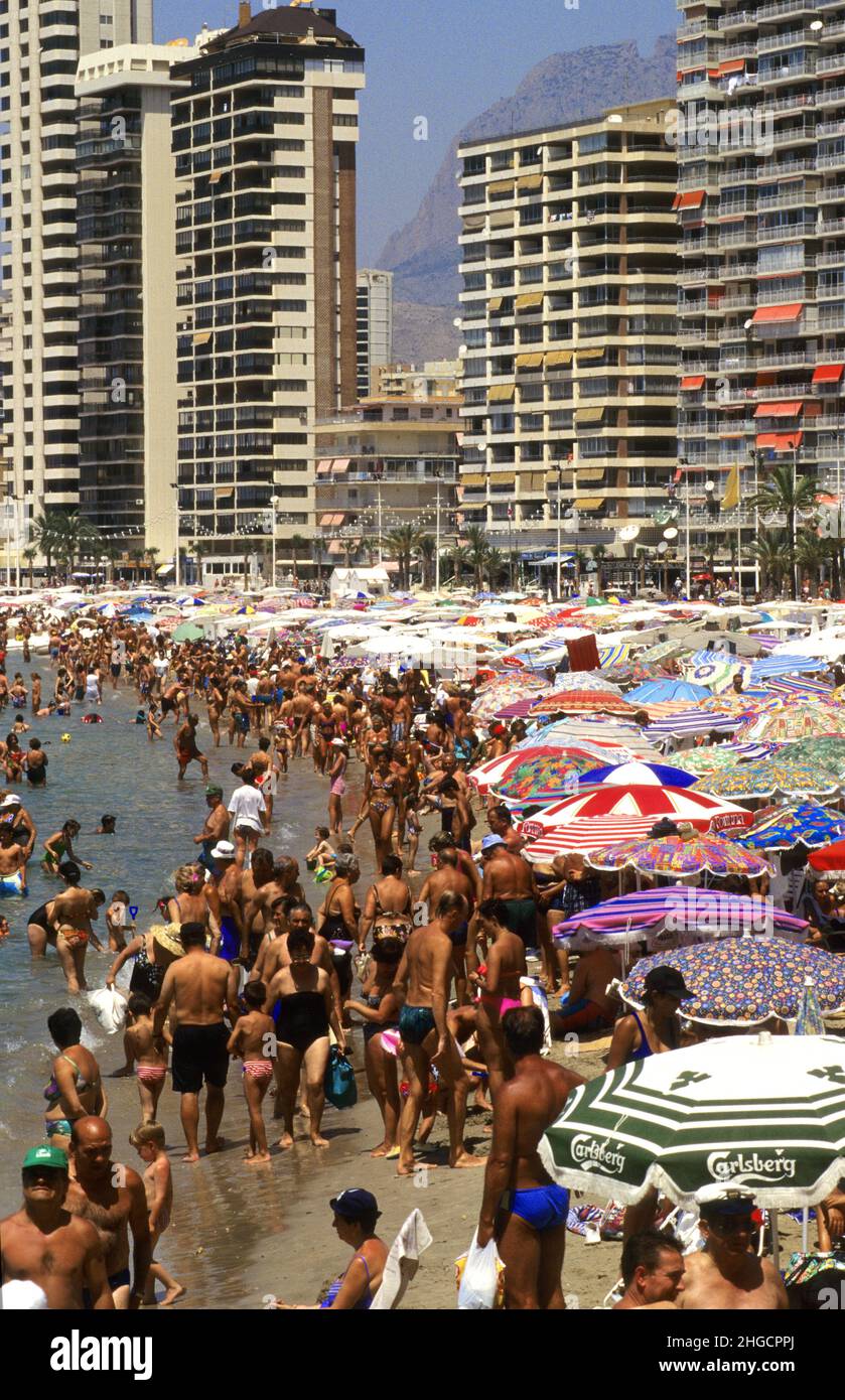 Spain holidays in Benidorm crowded tourism on costa Blanca Stock Photo ...