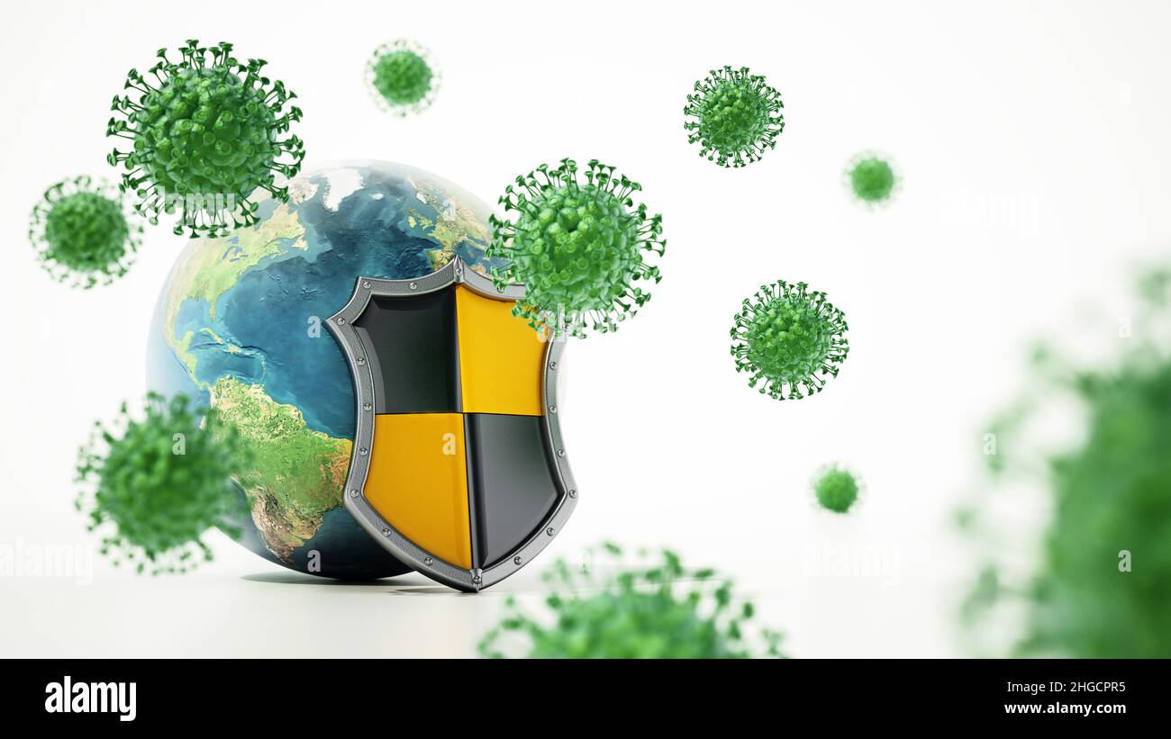 Green viruses around the Earth protected with a shield. 3D illustration ...