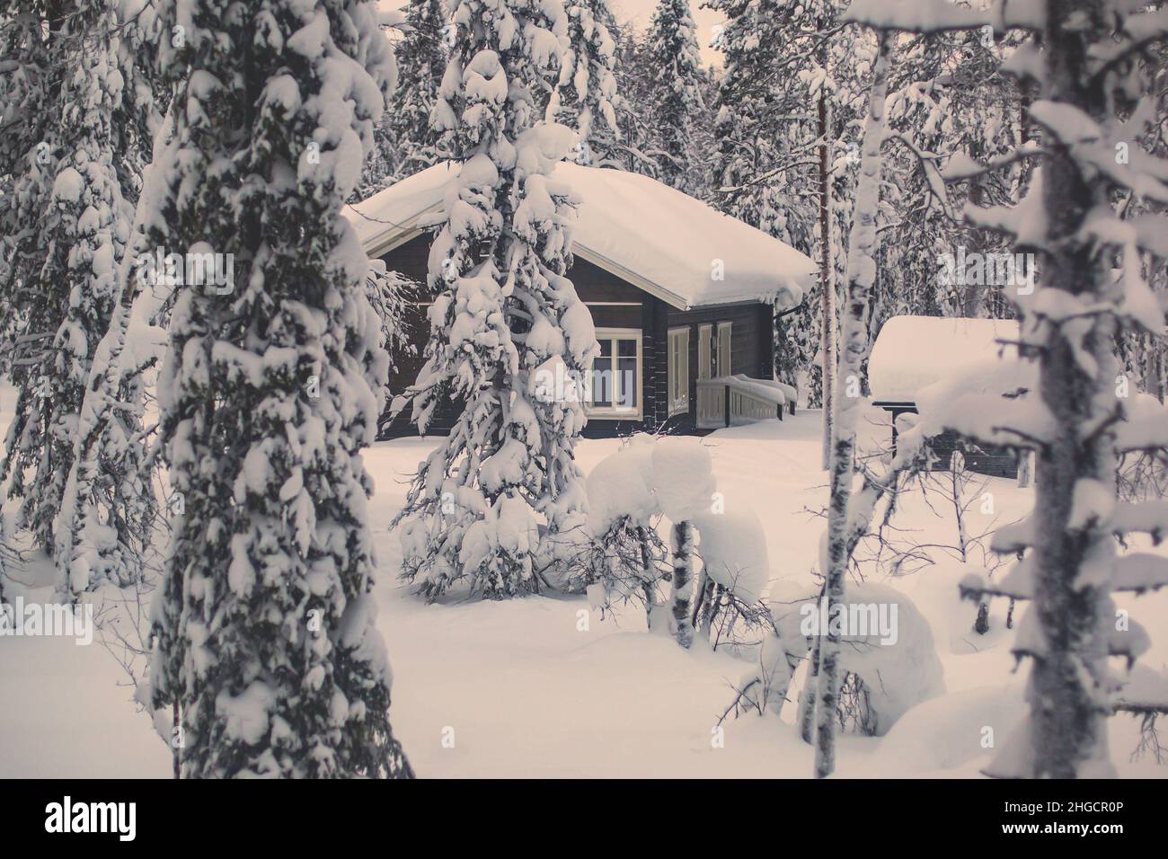 A view of cozy wooden scandinavian cabin cottage chalet house covered ...