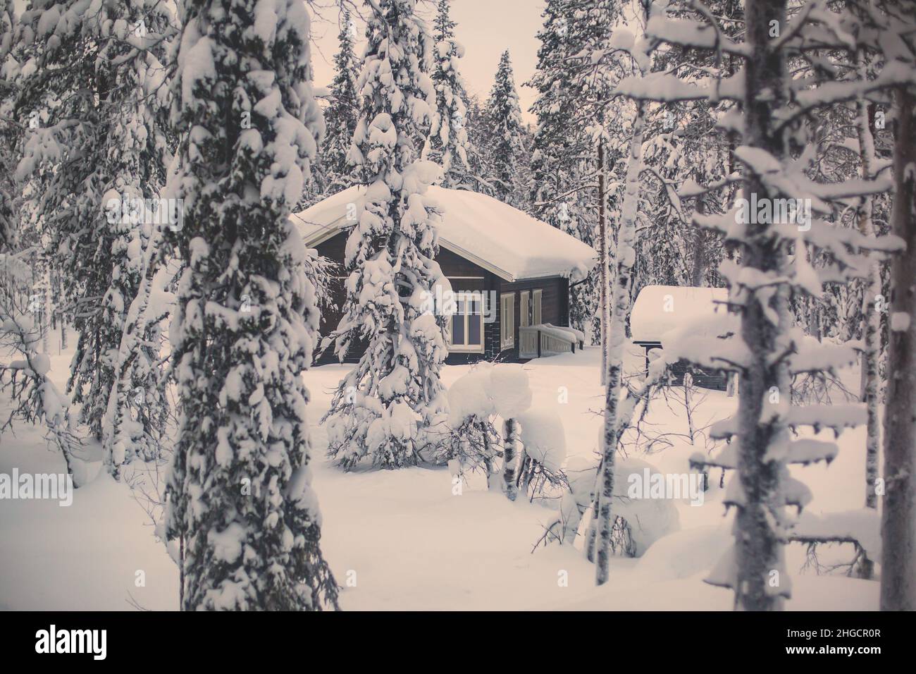 A view of cozy wooden scandinavian cabin cottage chalet house covered ...