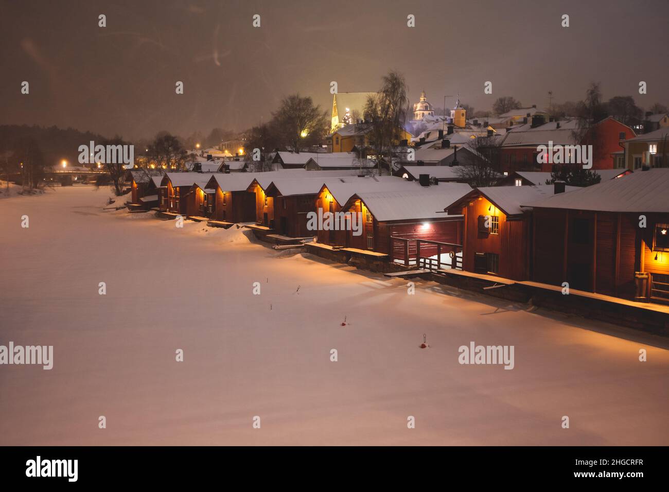 Winter Christmas night view of Porvoo, Borga, Finland, Uusimaa, with ...