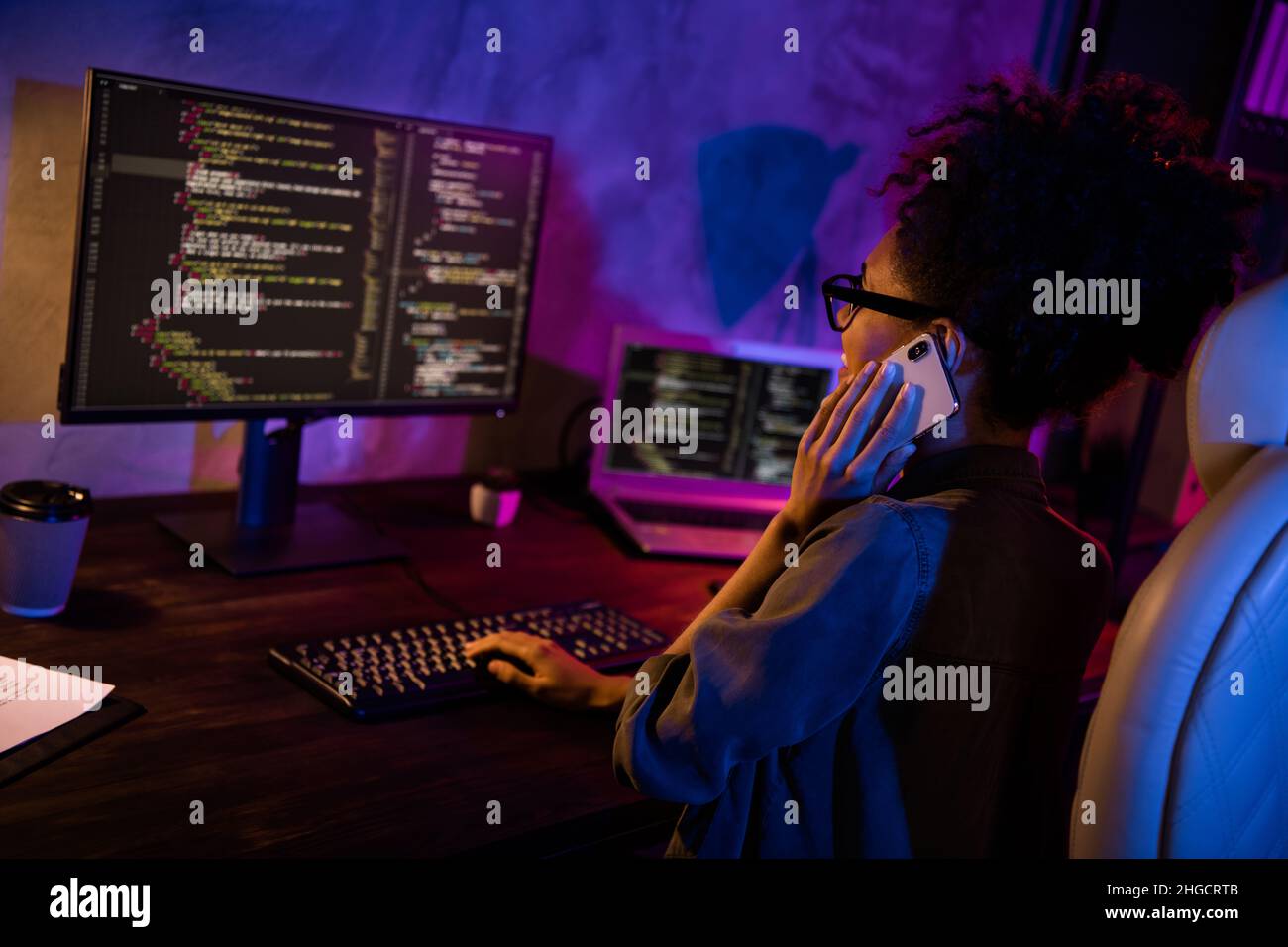 Phot of lady freelancer use modern gadget screen speak talk smart phone ...