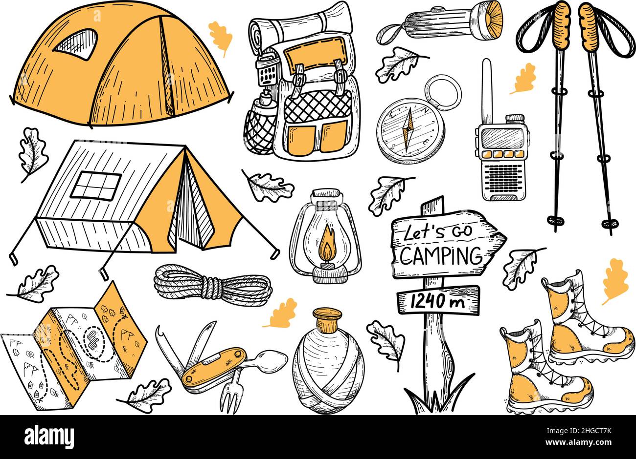 Camping kit with hand-drawn doodle-style elements. Items for tourism ...