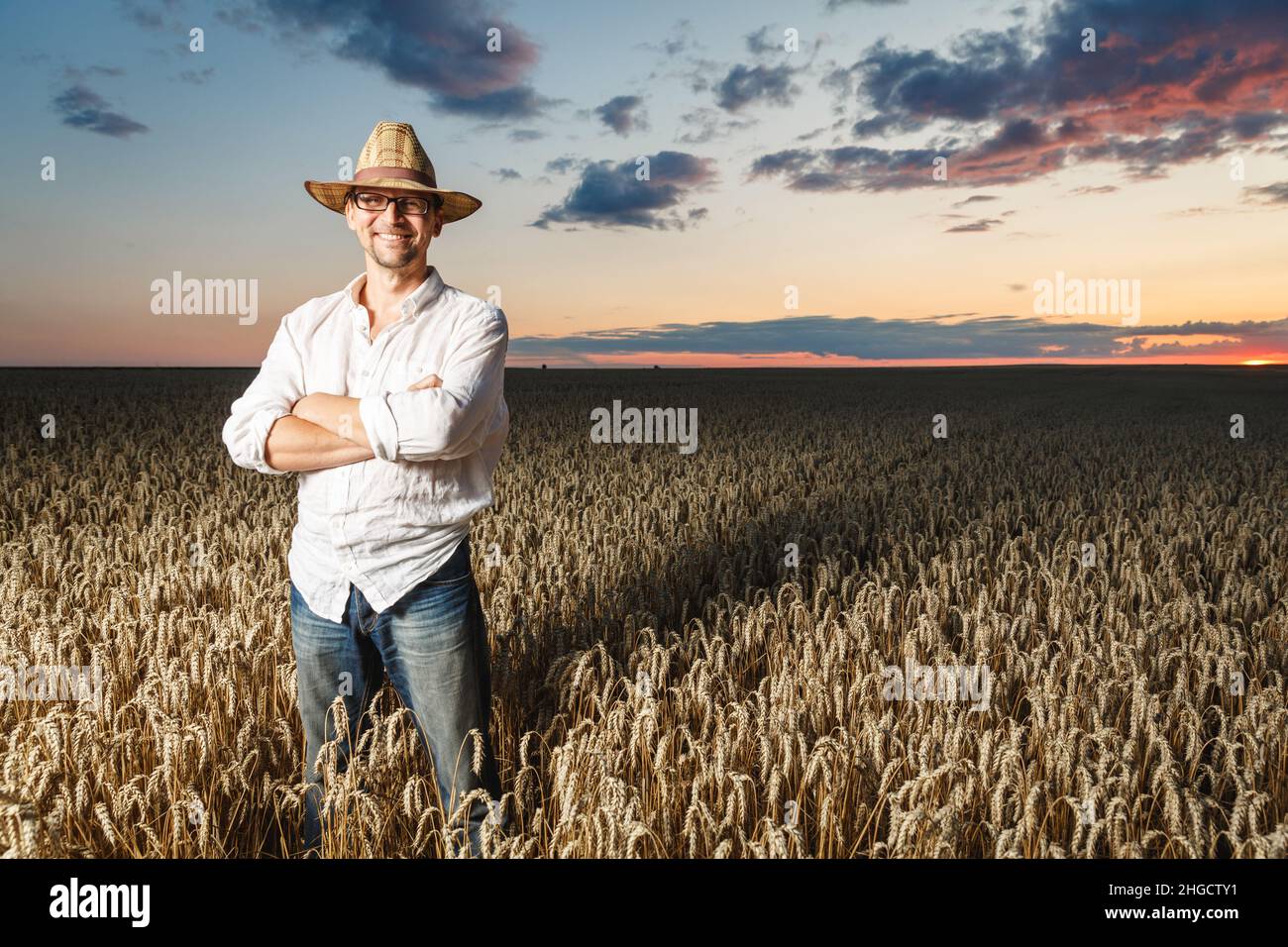 Farmer in a straw hat and glasses standing in a ripe wheat field before ...