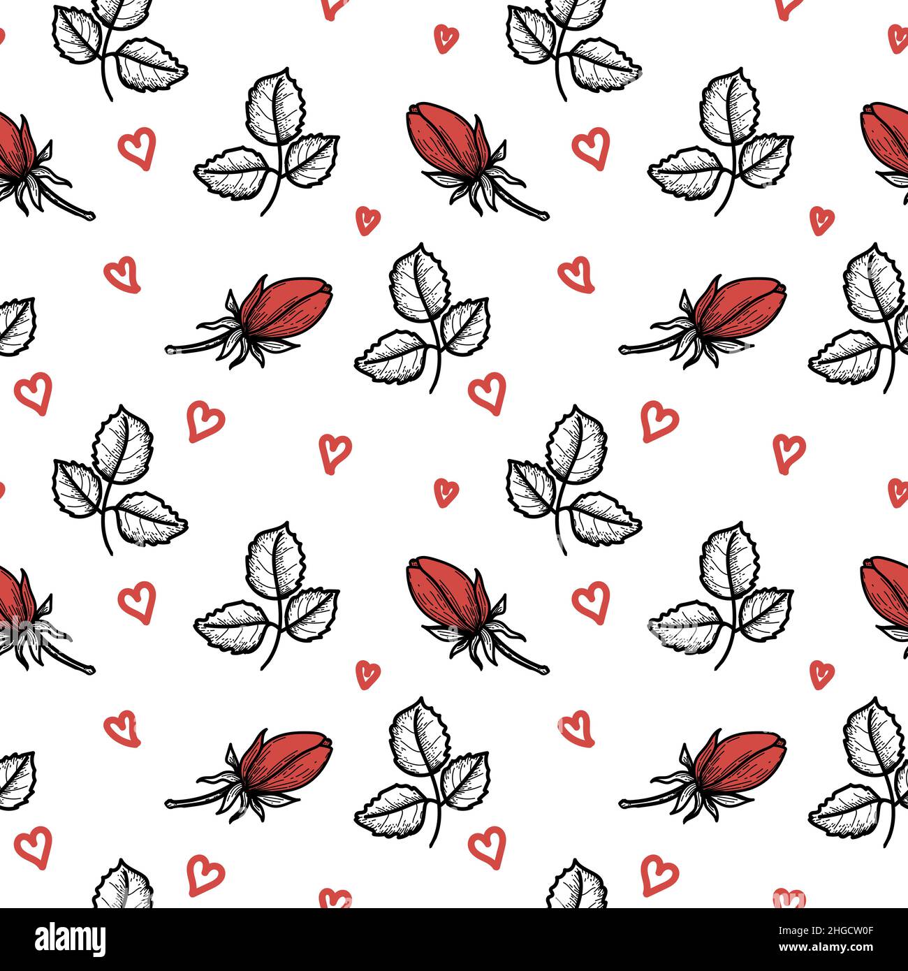 Seamless rosebud pattern, hand-drawn elements in doodle style. Red ...