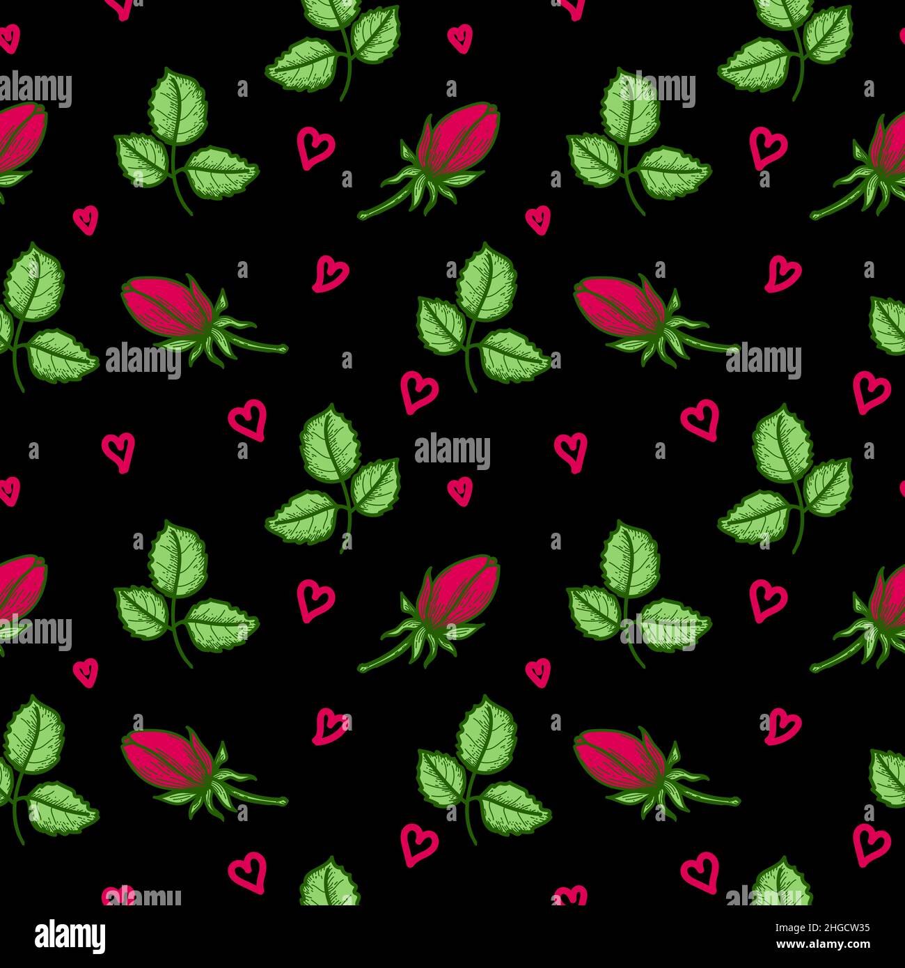 A seamless, hand-drawn doodle drawing of a rosebud. Red roses and ...