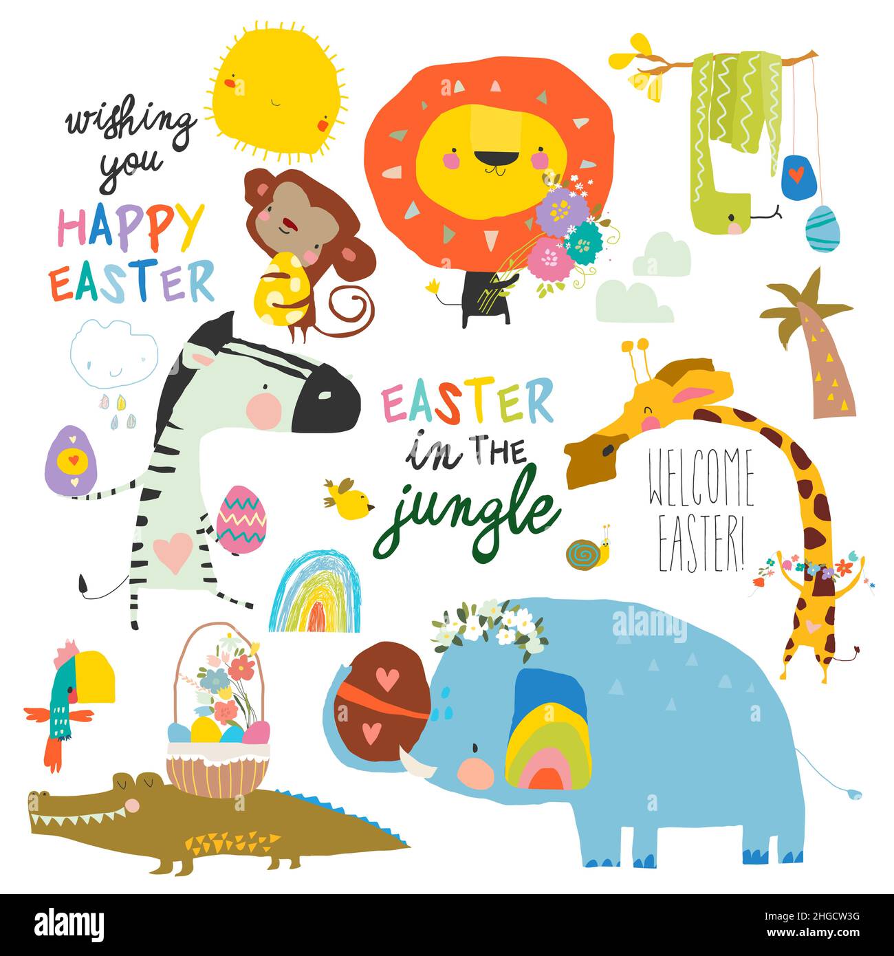 Cartoon Set with Cute Animals celebrating Easter in the Jungle Stock ...