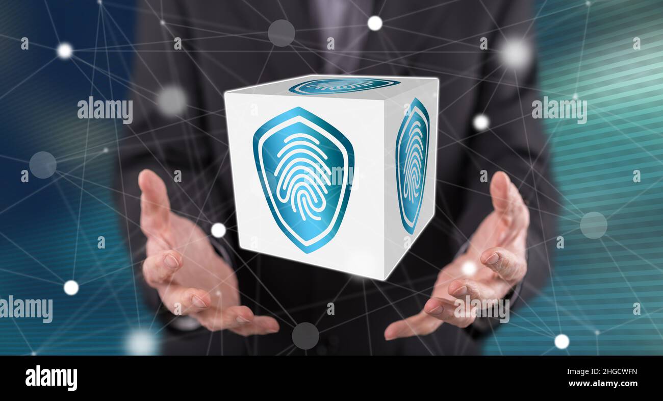 Fingerprint security system concept above the hands of a man in ...