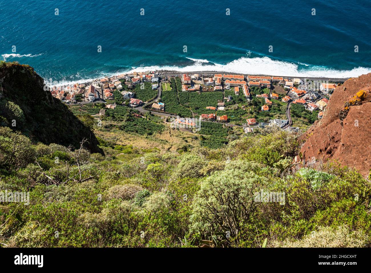 Elevated view of Paul do Mar and its shoreline at the Atlantic Ocean ...