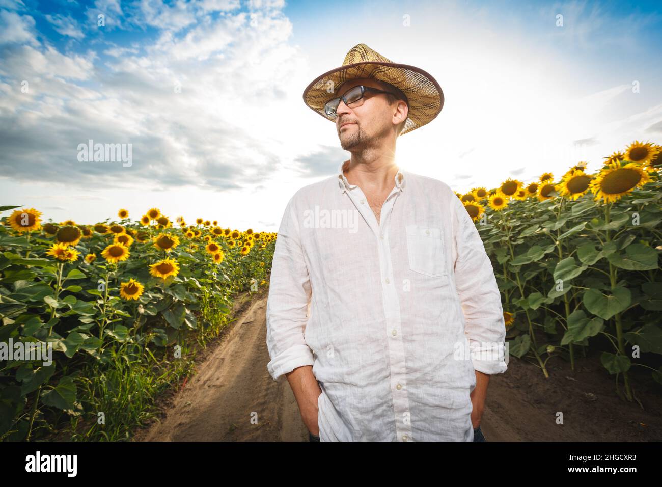 Portrait of a farmer in a straw hat wearing glasses in a sunflower ...