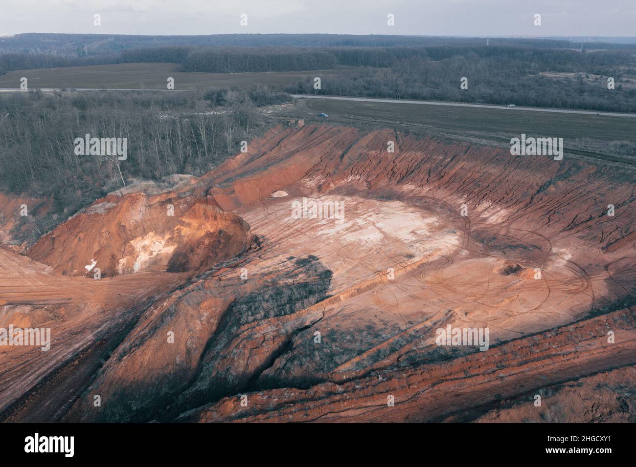 Industrial quarry red clay landscape: mining of mineral natural ...