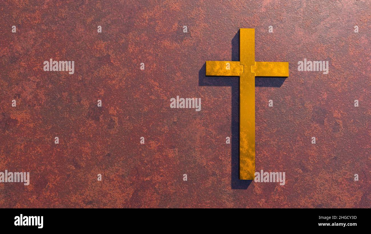 Concept or conceptual golden cross on a rusted corroded metal or steel ...