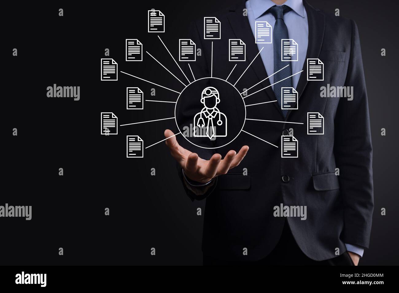 Document Management System DMS .Businessman hold doctor and document icon.Software for archiving ...