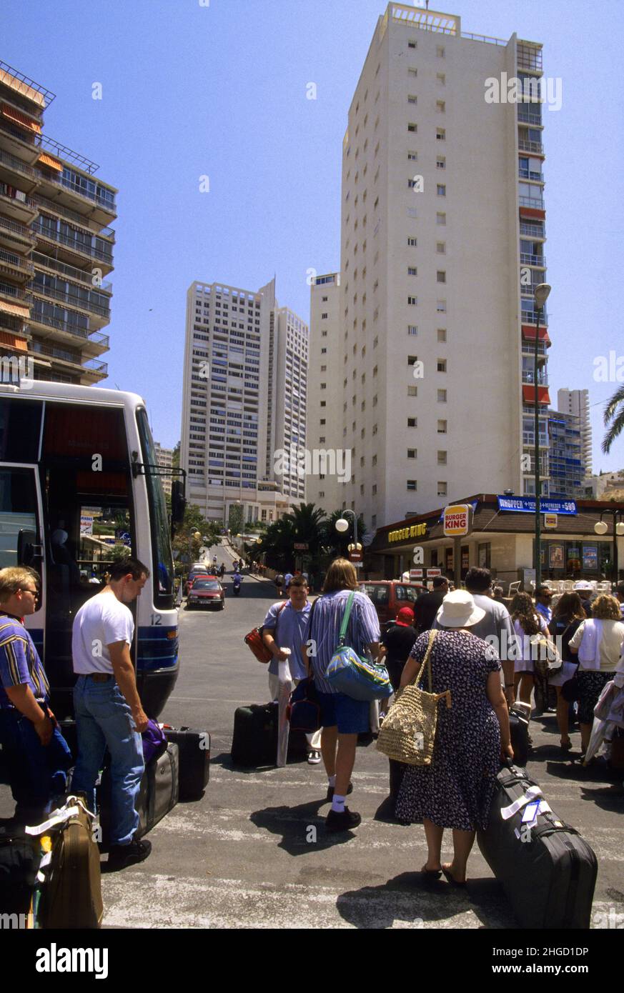 Holydays Spain benidorm trourists buses Stock Photo - Alamy