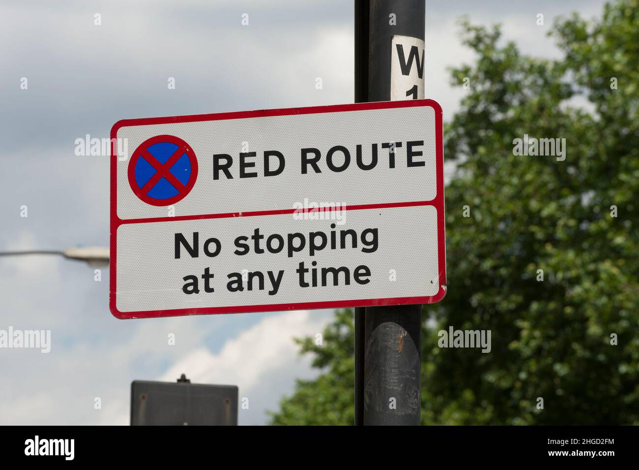 Red route road sign, which means no stopping at any time. Whitechapel ...