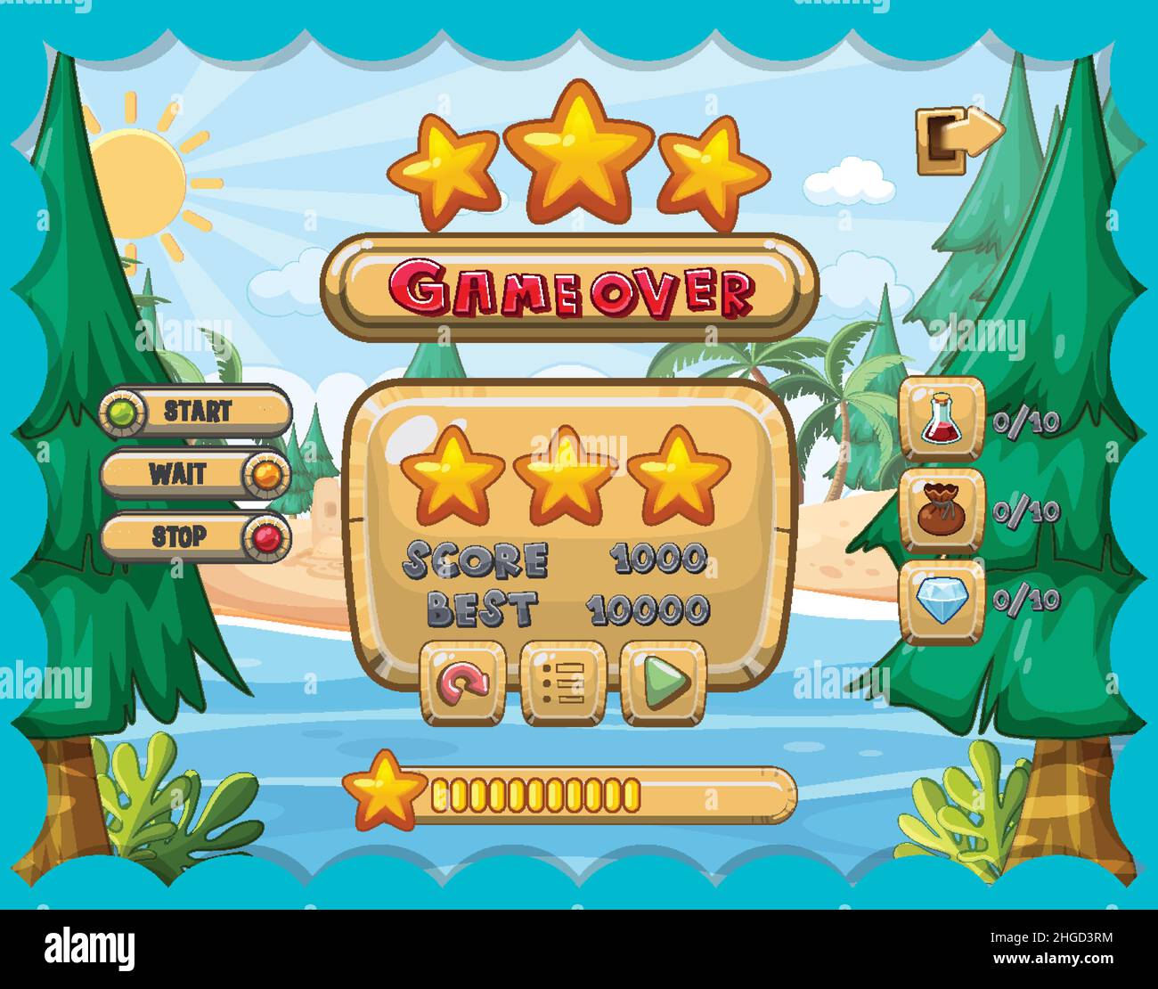 Game user interface with game over and three stars illustration Stock ...