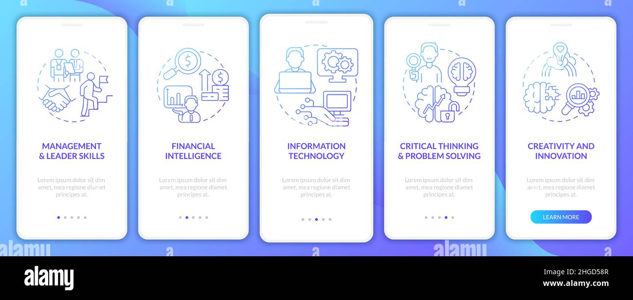 Business management skills blue gradient onboarding mobile app screen ...