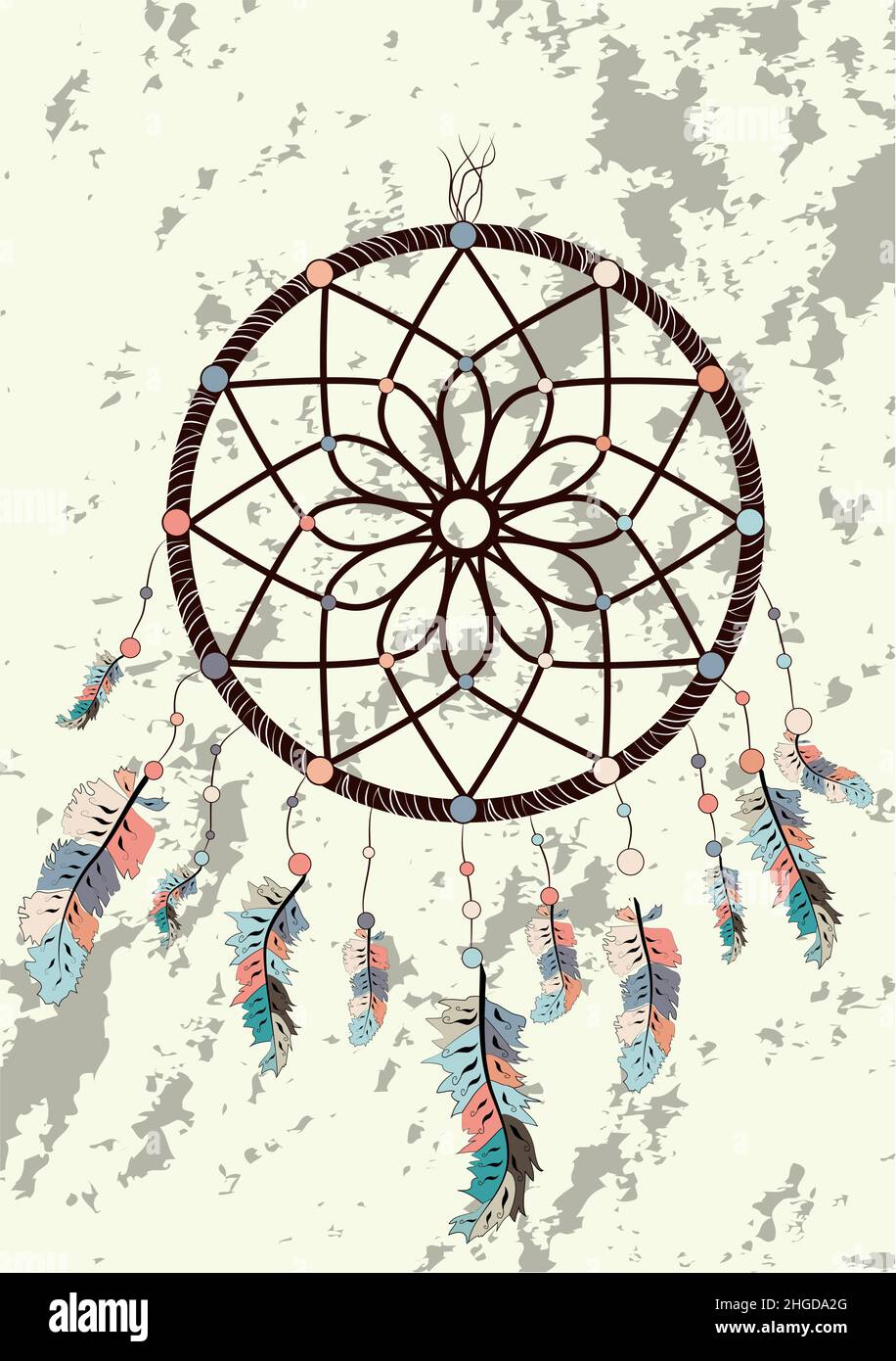 Illustration with hand drawn dream catcher. Feathers and beads. Doodle ...