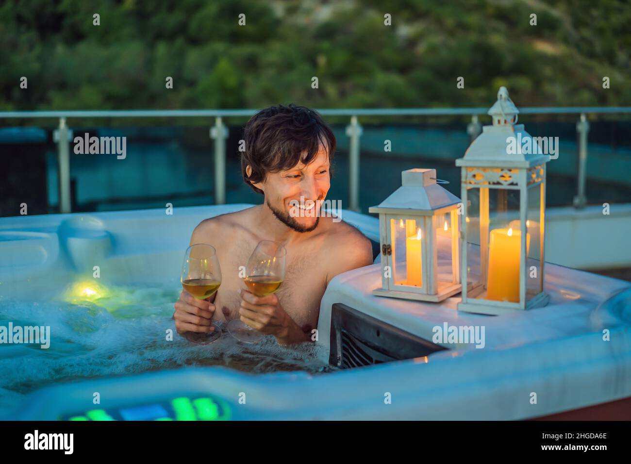 Portrait embarrassed man relaxing at hot tub to whom the woman did not ...