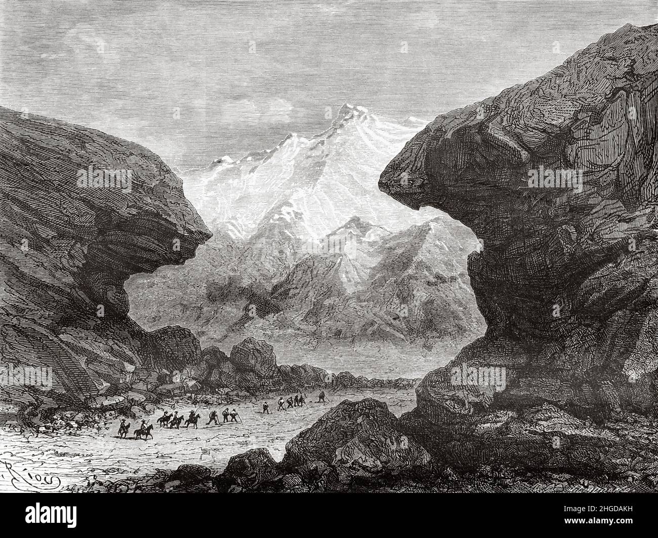 Andes mountain range, southern Peru. South America. Old 19th century ...