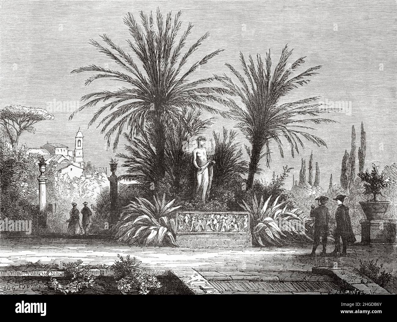 Villa Albani gardens, Rome. Italy, Europe. Old 19th century engraved ...