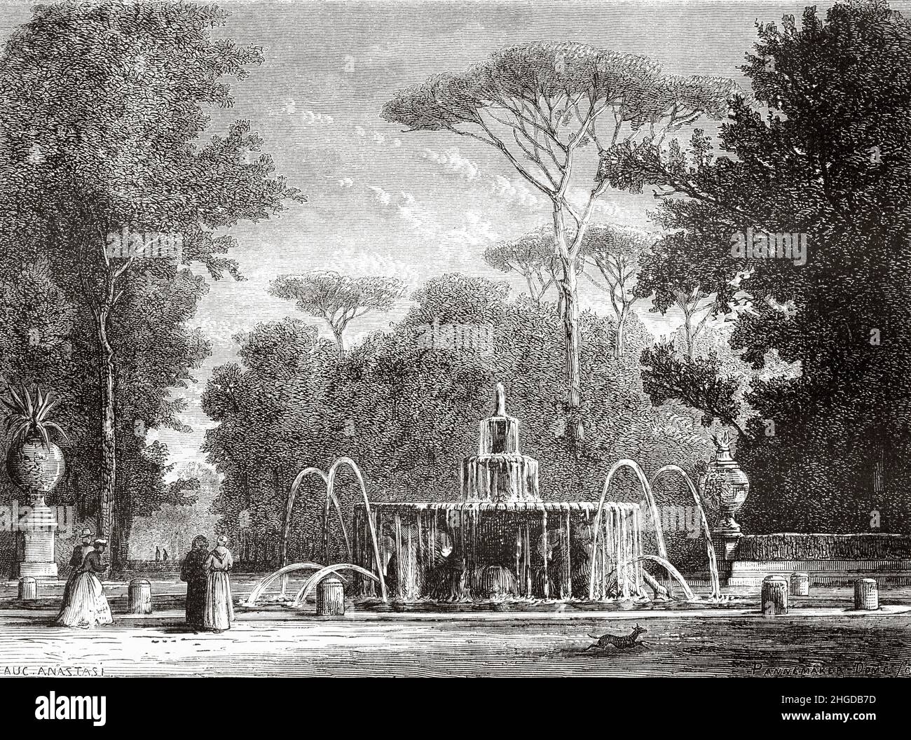 Gardens of Villa Borghese, Bernini's fountain, Rome. Italy, Europe. Old ...