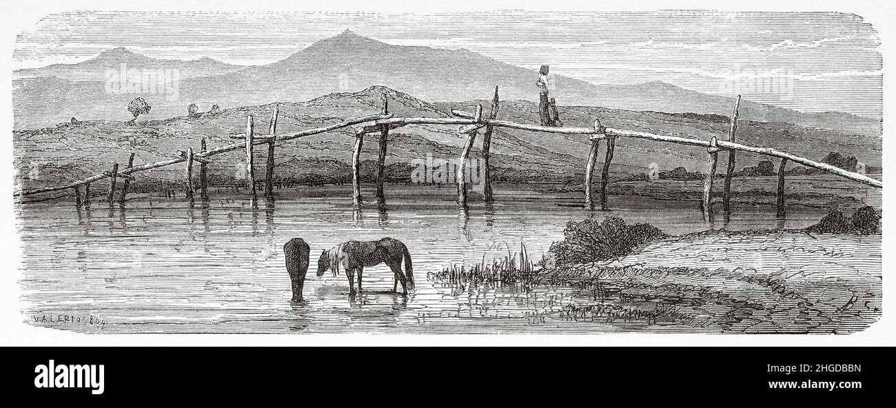 Wooden bridge at Puszta, great Hungarian plain, Hungary, Europe. Old ...